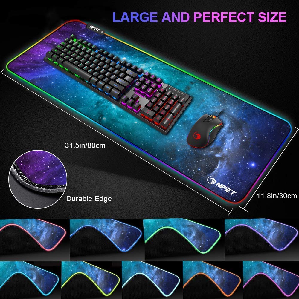 NPET Gaming Keyboard and RGB Gaming Mouse Pad Bundle, Wired Floating Rainbow Keyboard, 31.5 X 11.8 Inch 12 Lighting Modes, Touch Control, Durable Stitched Edges LED Mouse Pad