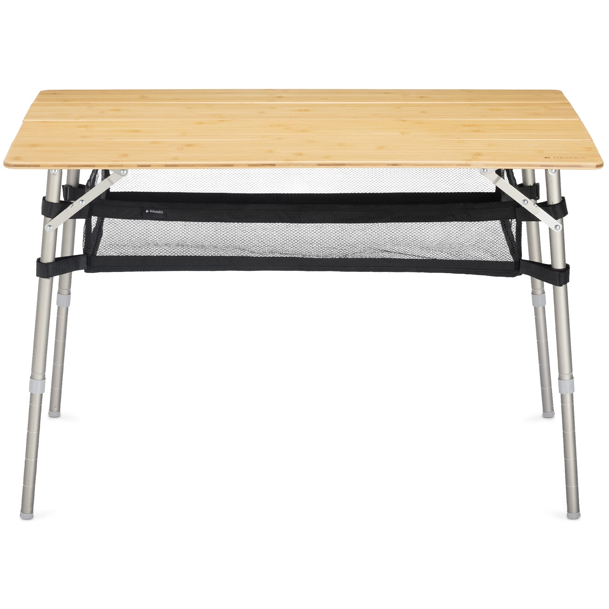 Navaris Portable Folding Bamboo Table - 39.4" x 25.6" Height Adjustable, Camping Table for Outdoors, Picnics with Telescopic Aluminum Legs with Shelf
