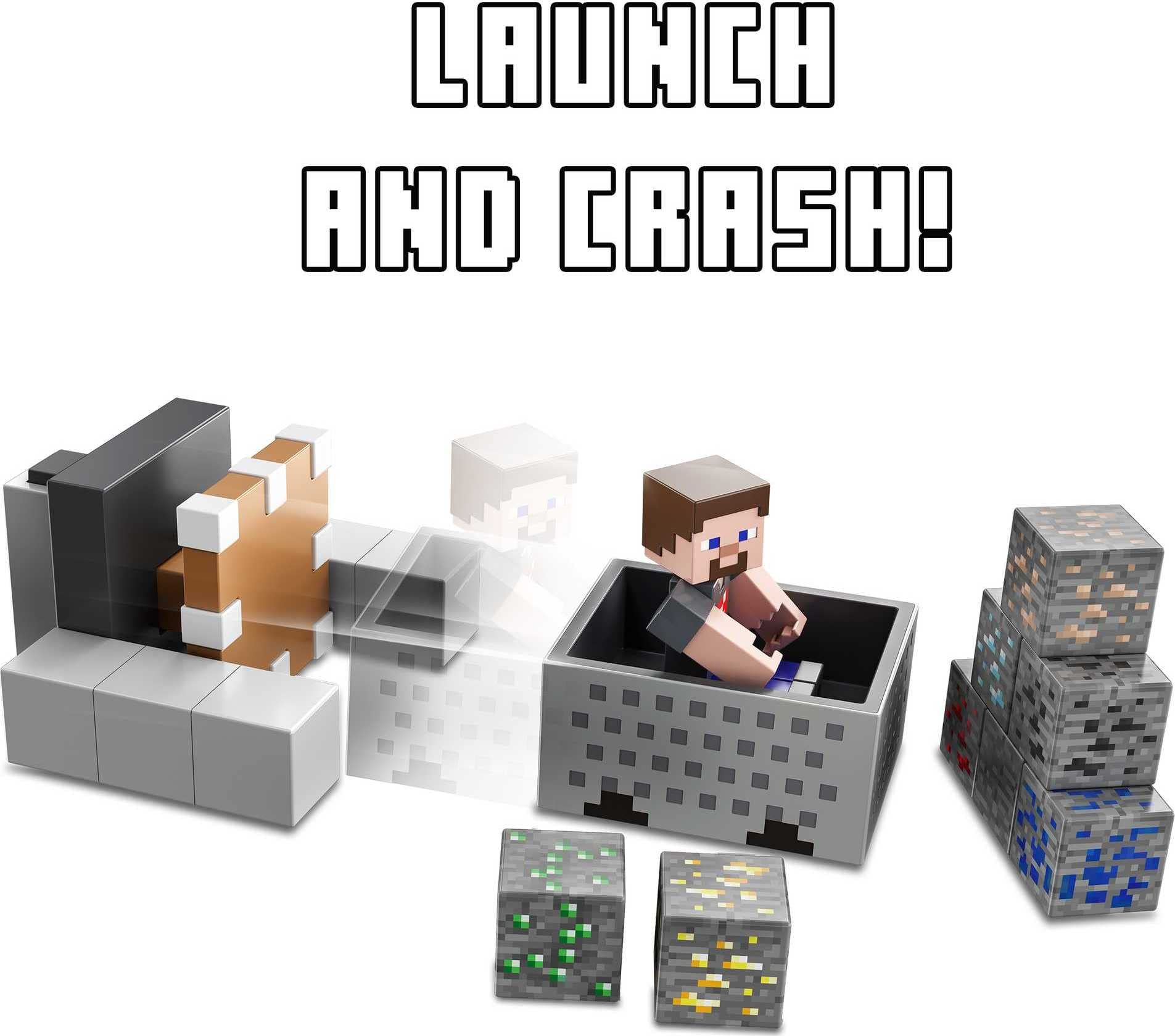 Minecraft Minecart Mayhem Playset With Steve Character Figure, Launching Cart And Accessories, Creation, Exploration And Survival Game For Kids Ages 6 Years And Older