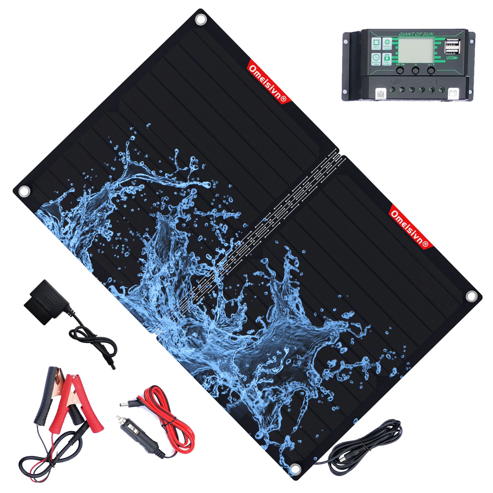 Omeisivn 30 Watt 12V Solar Panel kit Lead-Acid Battery Charger with controller Trickle Charger 30W 12Volt foldable Portable Battery Charger & maintainer with Cigarette Lighter Plug (30W)