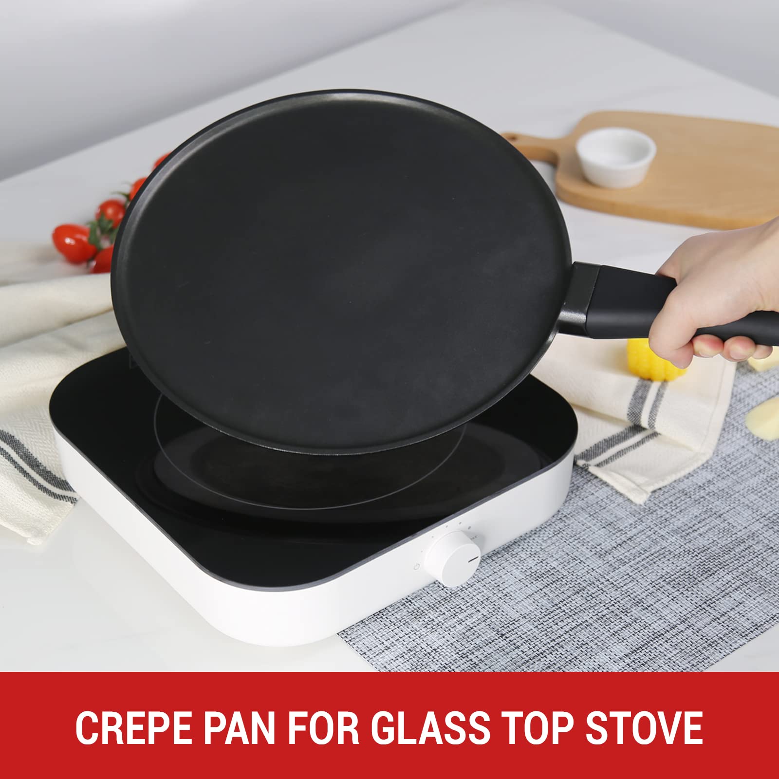 Sakuchi 11 Inch Induction Crepe Pan, Nonstick Dosa Pan for Stove Tops, Tortilla Pan for Glass Cooktop, Tawa Pan for Roti, Black