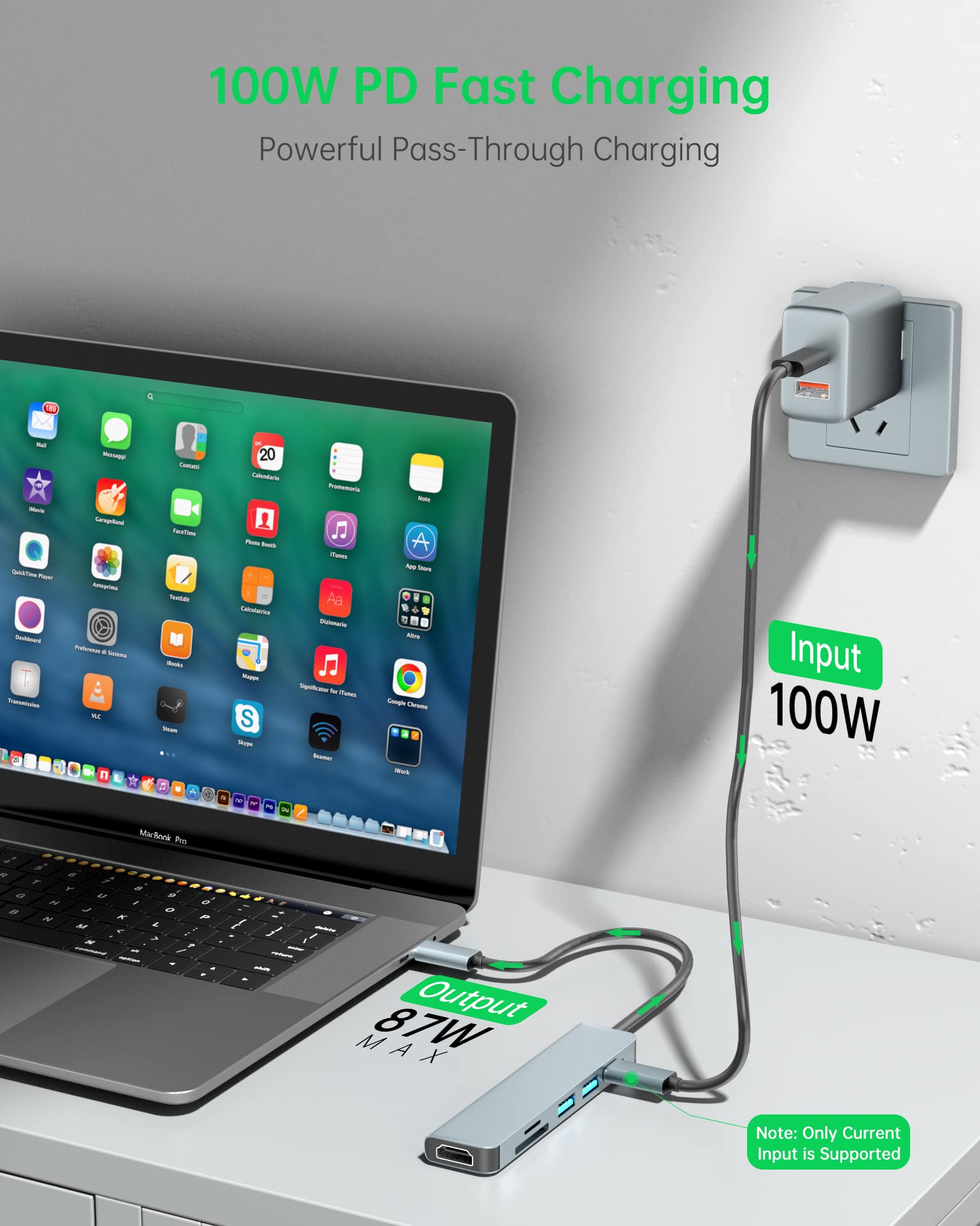 USB C HUB to HDMI, 6IN1 Docking Station for Android Phone and C Type Tablet PC MacBook Air/Pro，[ 2 USB3.0+ HDMI+PD+TF&SD Card Reader]