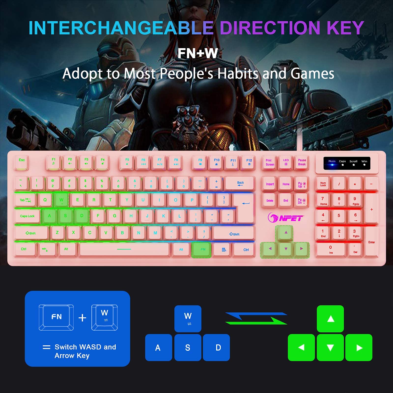 NPET K10 Gaming Keyboard USB Wired Floating Keyboard and Gaming Mouse Bundle, LED Backlit Keyboard for Desktop, Computer, PC, Pink