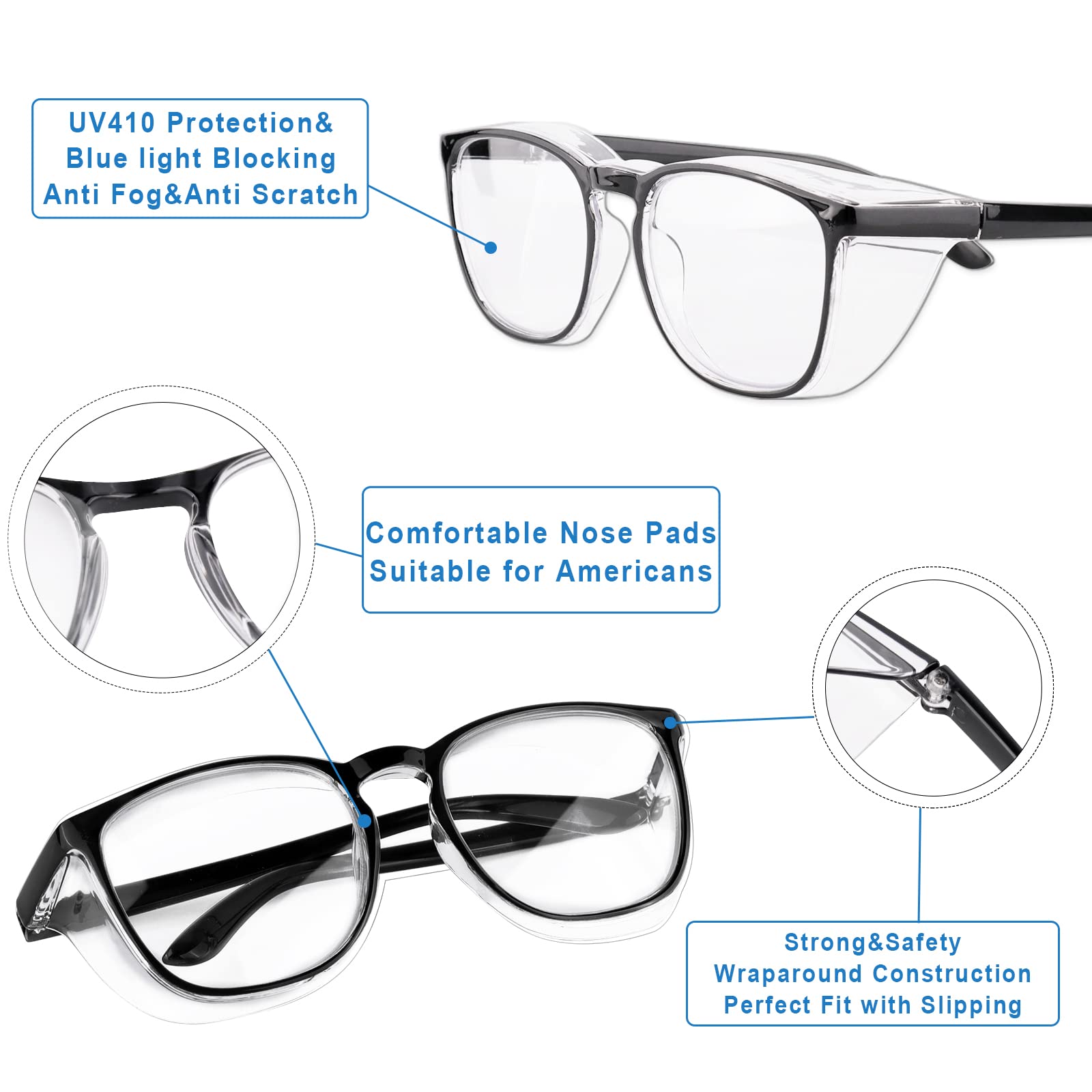 SQIMZAR 3 PCS Safety Glasses Goggles For Women Nurses Protective Eyewear,Anti Fog Safety Goggles