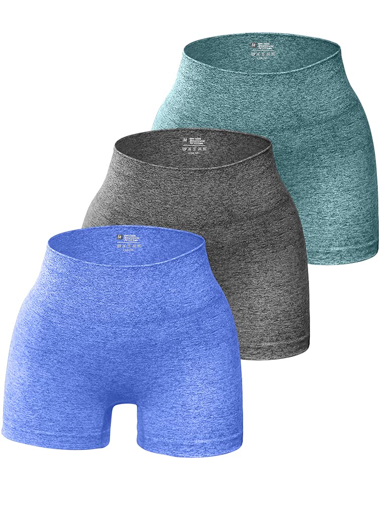 OQQ Women's 3 Piece Yoga Workout Athletic Seamless High Wasit Gym Legging Shorts, Darkgreen Grey Blue, Medium