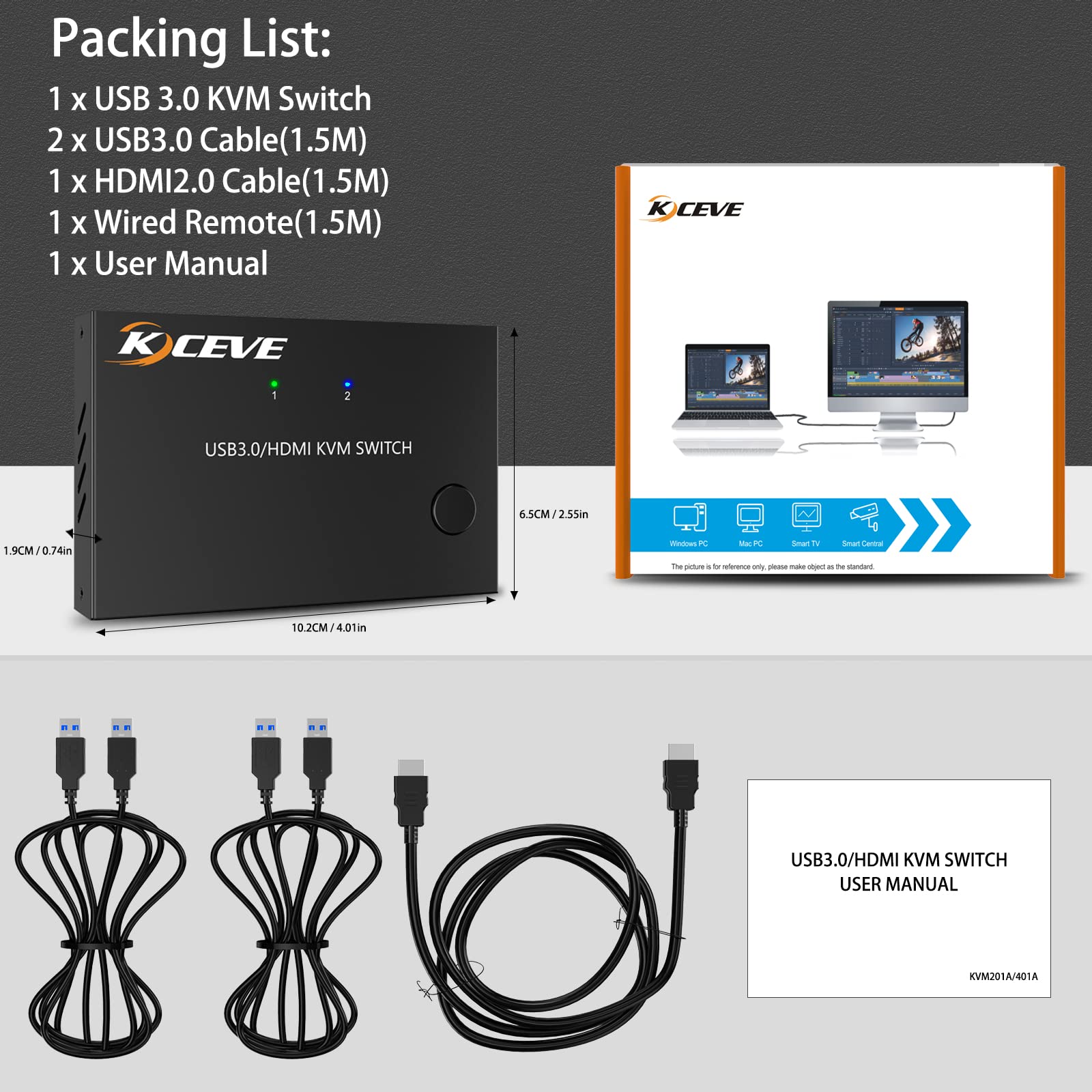 USB 3.0 KVM Switch HDMI 2 Port Support 4K@60HZ Simulation EDID,MLEEDA HDMI USB Switch for 2 Computers Share 1 Monitor and 4 USB 3.0 Port Keyboard Mouse Printer,with Desktop Controller and KVM Cables