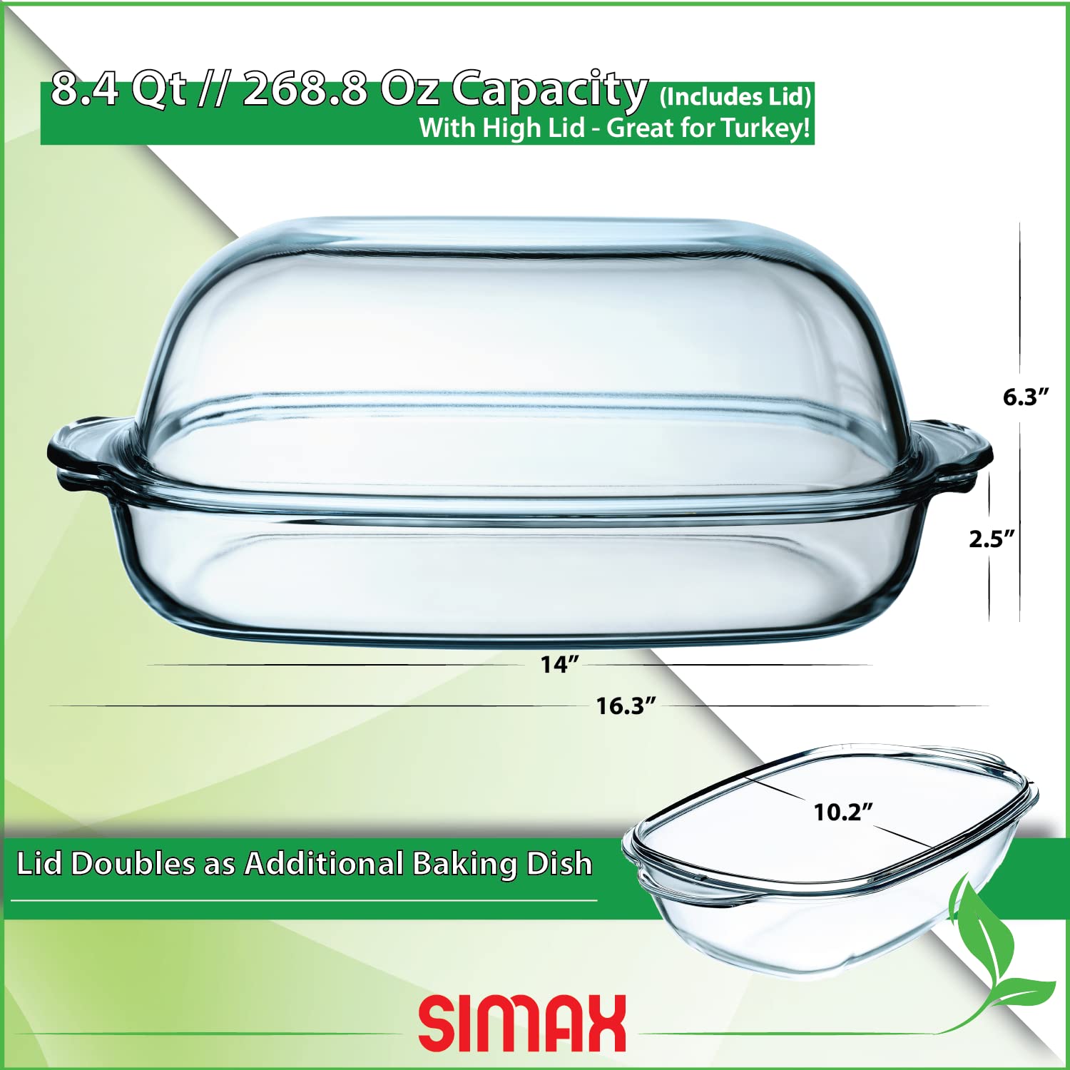 Simax Casserole Dish For Oven: Glass Baking Dish With High Lid Set β Microwave, Oven, and Dishwasher Safe Cookware β Borosilicate Glassware β 8 Qt. Large Baking Dish