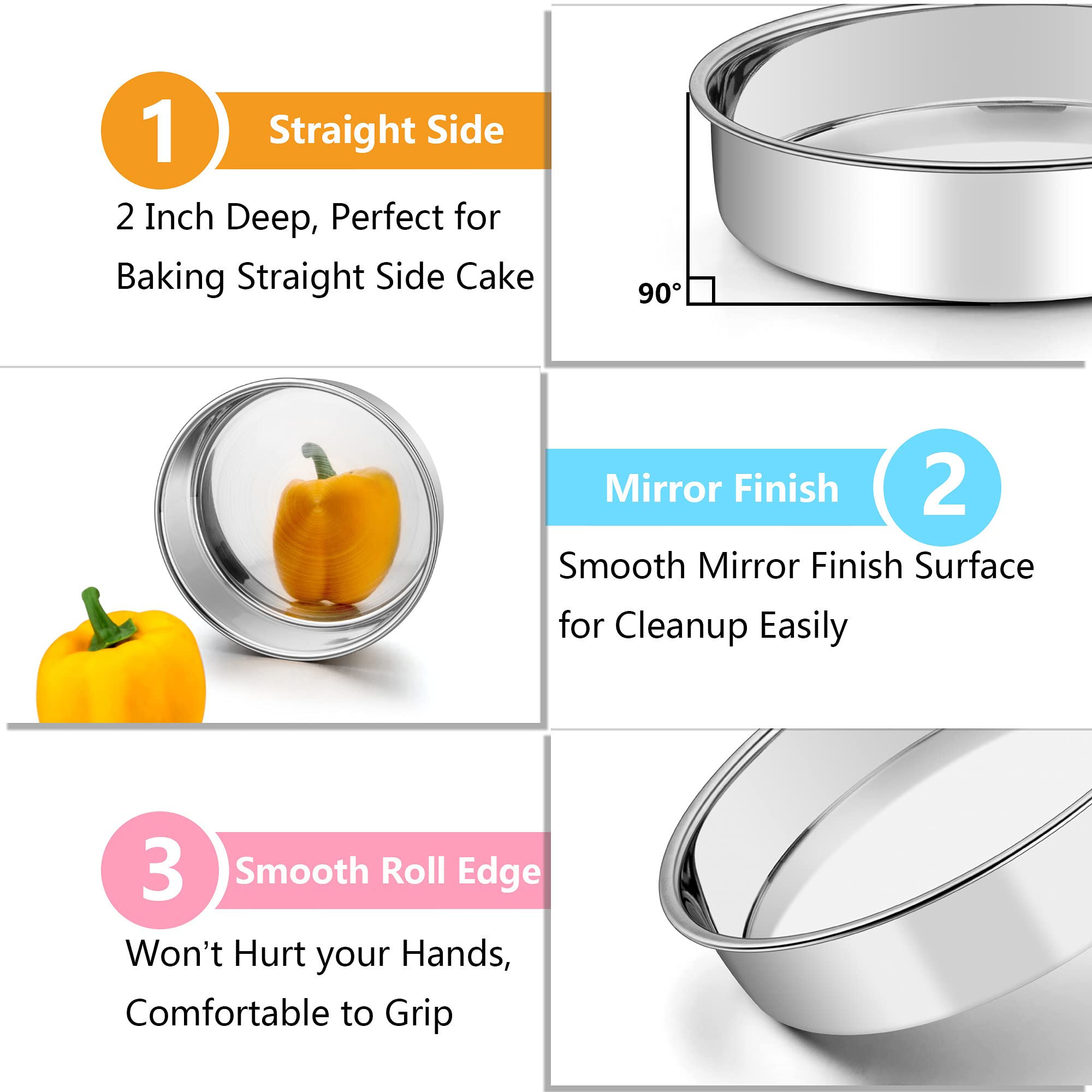 TeamFar 8 Inch Cake Pan Set of 3, Round Cake Pan Stainless Steel Round Baking Pan with 90 Pcs Round Parchment Papers & Parchment Paper Side Liner Roll(1.85 Inch ร 111.5Ft), Healthy & Dishwasher Safe