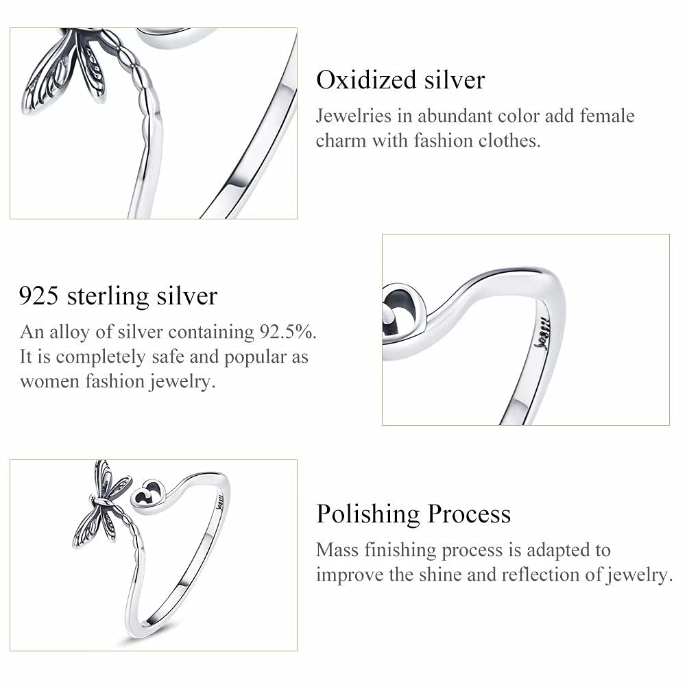 Qings Dragonfly Sterling Adjustable Ring: Silver Ring Women Dragonfly Open Heart Animal Simple Cute Finger Ring Wedding Jewelry for Women