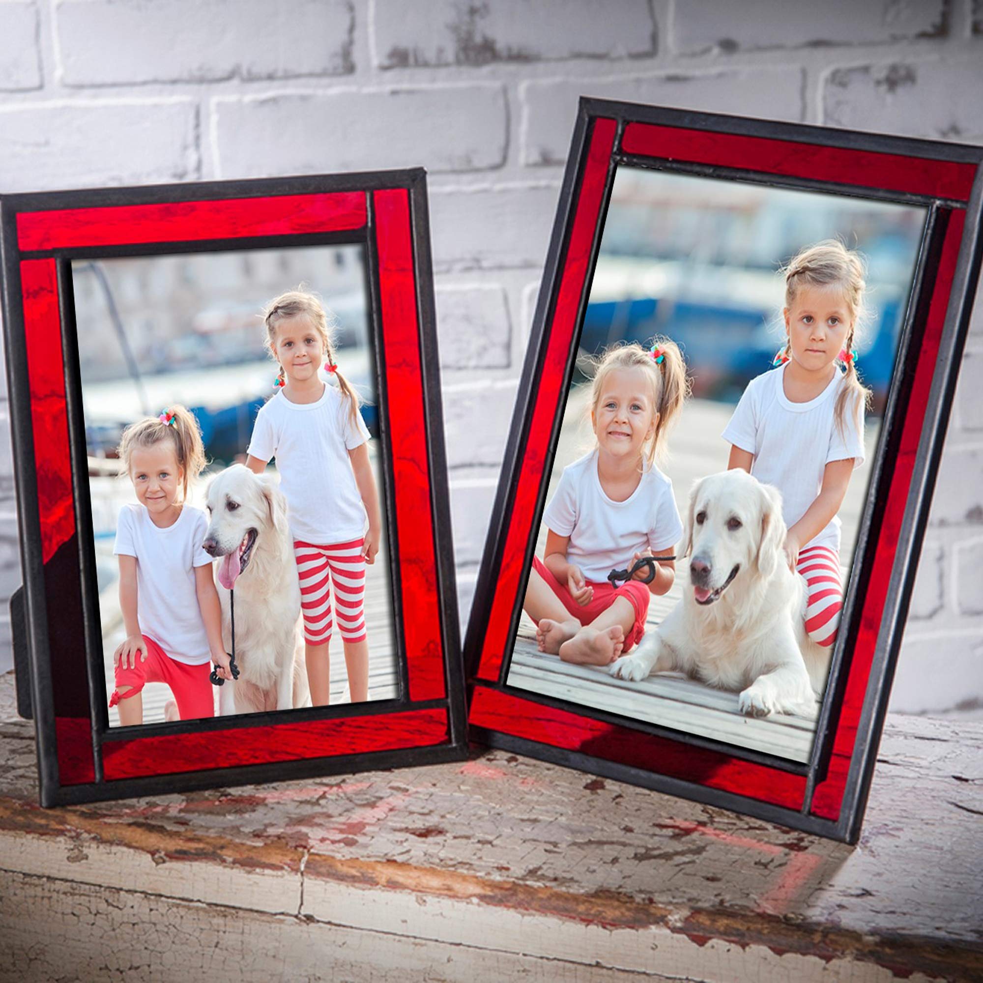 Red Stained Glass Picture Frame for Home Décor, Office, Desk, Table Top 4x6 Photo Horizontal Vertical Easel Back Series J Devlin
