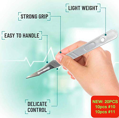 MedHelp Disposable Scalpels #10 + 11 β Box of 20 Disposable Dermaplaning Blades with Plastic Handle, Scalpel Blades, High Carbon Steel Dermablade Blades Individually Wrapped Sterile