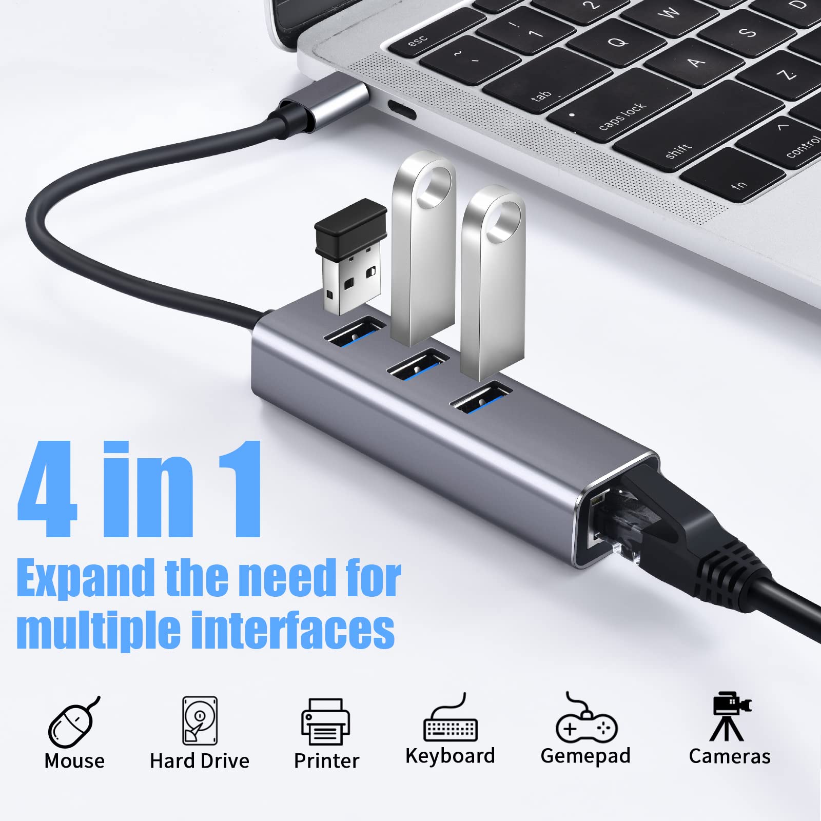 USB 3.0 to Ethernet Adapter 3 Port USB 3.0 Hub with RJ45 10/100/1000 Gigabit Ethernet 4in1 Compatible for MacBook Pro 2021/2020/2019/2018/2017, MacBook Air, Dell XPS and More