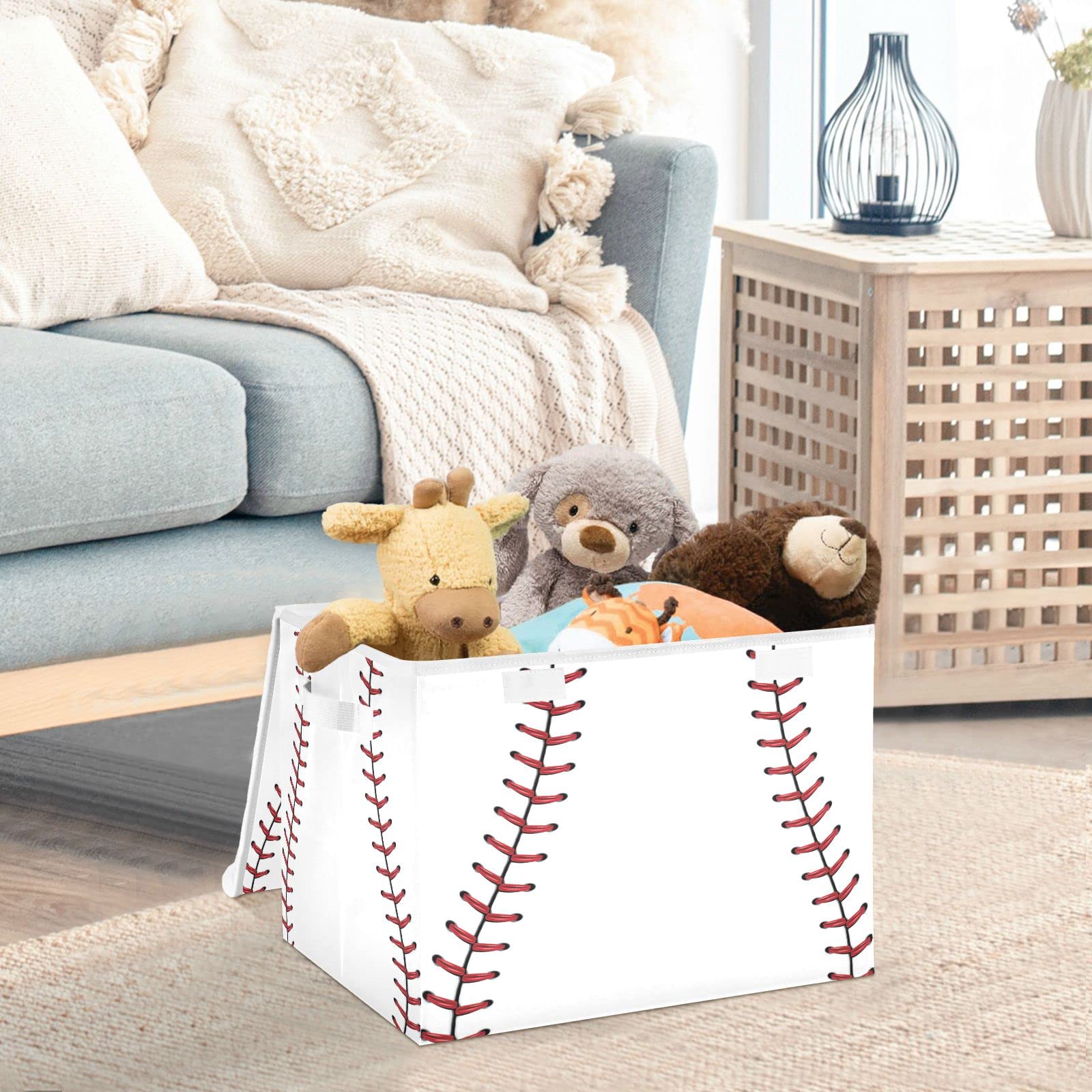 WELLDAY Baseball Grain Storage Baskets Foldable Cube Storage Bin with Lids and Handle, 16.5x12.6x11.8 In Storage Boxes for Toys, Shelves, Closet, Bedroom, Nursery