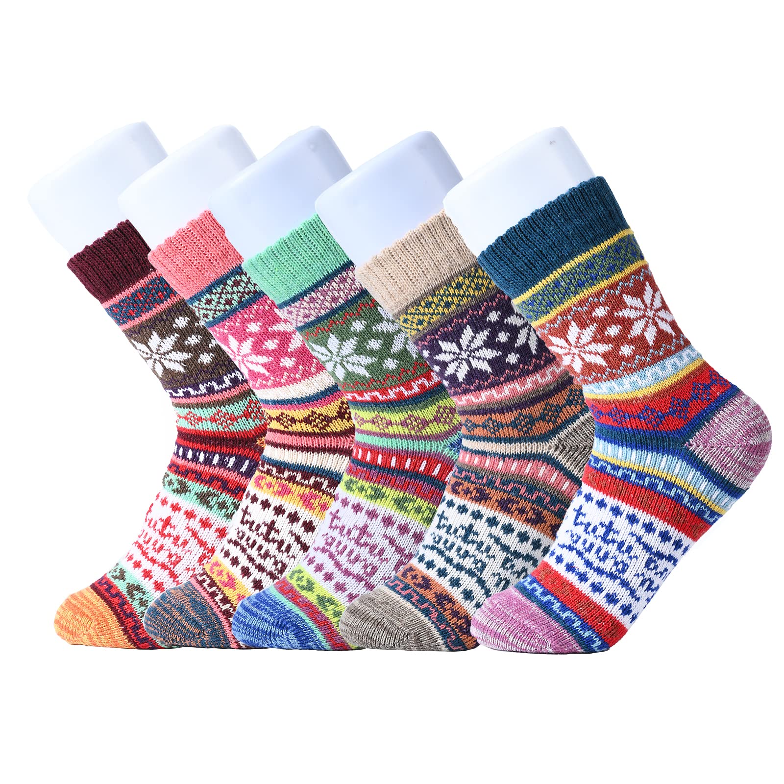 QIYISS 5 Pack Womens Wool Socks Winter - Soft Warm Cold Knit Wool Crew Socks Christmas Gift Socks for Women Vintage Casual Socks