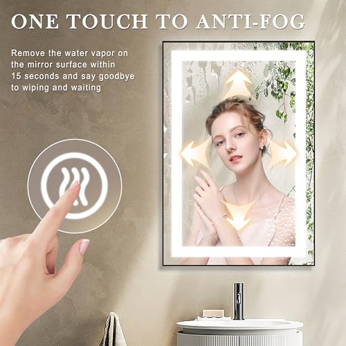 LifeSky LED Bathroom Mirror Framed - 36x24 Anti Fog LED Wall Mounted Lighted Bathroom Mirror - Front Lit Dimmable LED Vanity Mirror Black
