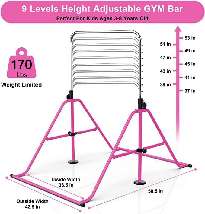 RAVS Gymnastics Bar for Kids with Swing Set, 8 Heights Adjustable Easy Folding Gymnastic Training Bar Kids Monkey Horizontal Bars - Max Load 300LBS (Small-Pink)