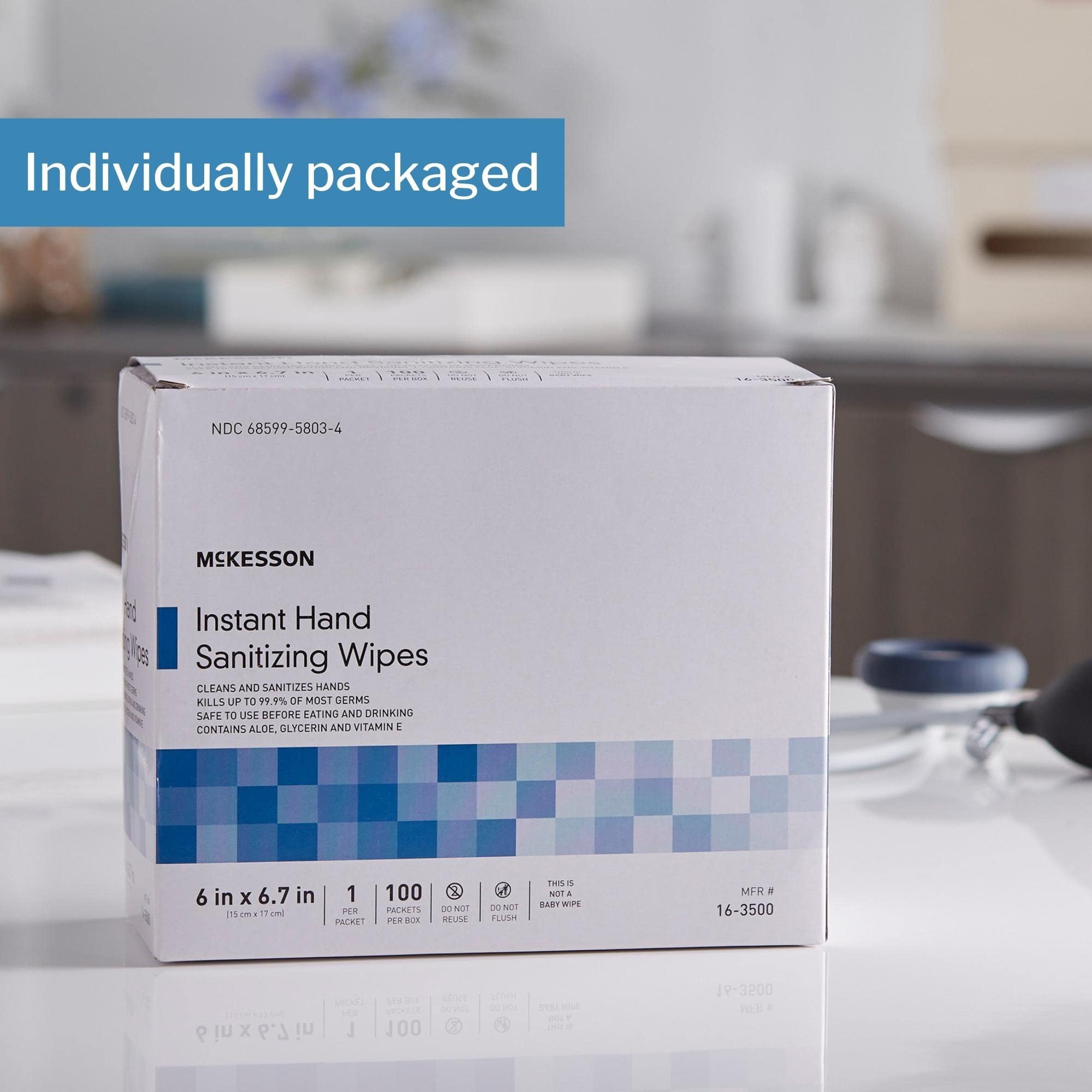McKesson Hand Sanitizing Wipes - Individually Wrapped Single Towelettes for Travel - Moisturizing with Aloe and Vitamin E, 100 Wipes, 1 Pack