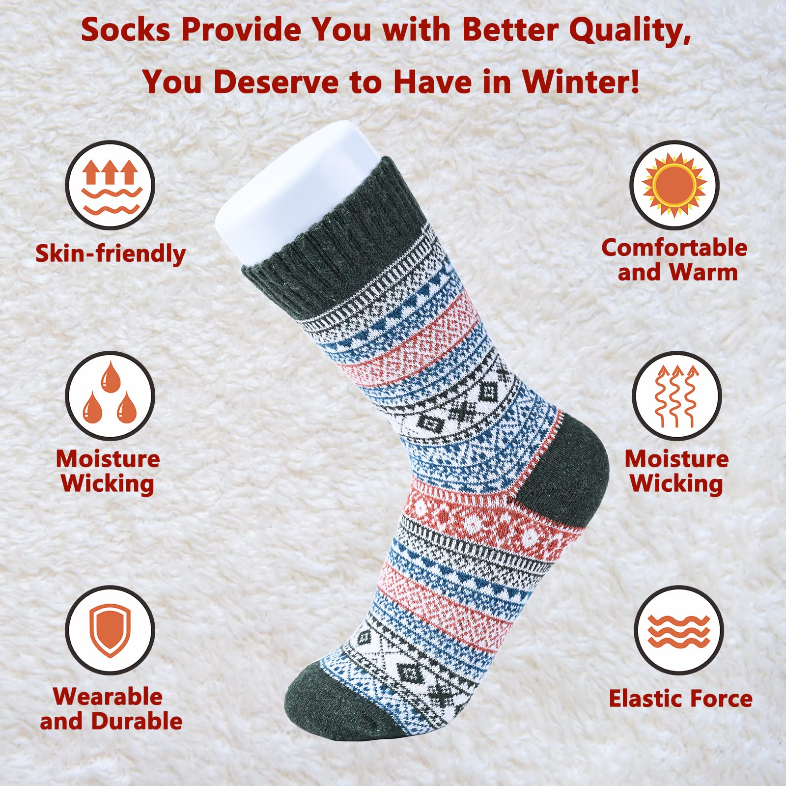 QIYISS 5 Pack Womens Wool Socks Winter - Soft Warm Cold Knit Wool Crew Socks Christmas Gift Socks for Women Vintage Casual Socks