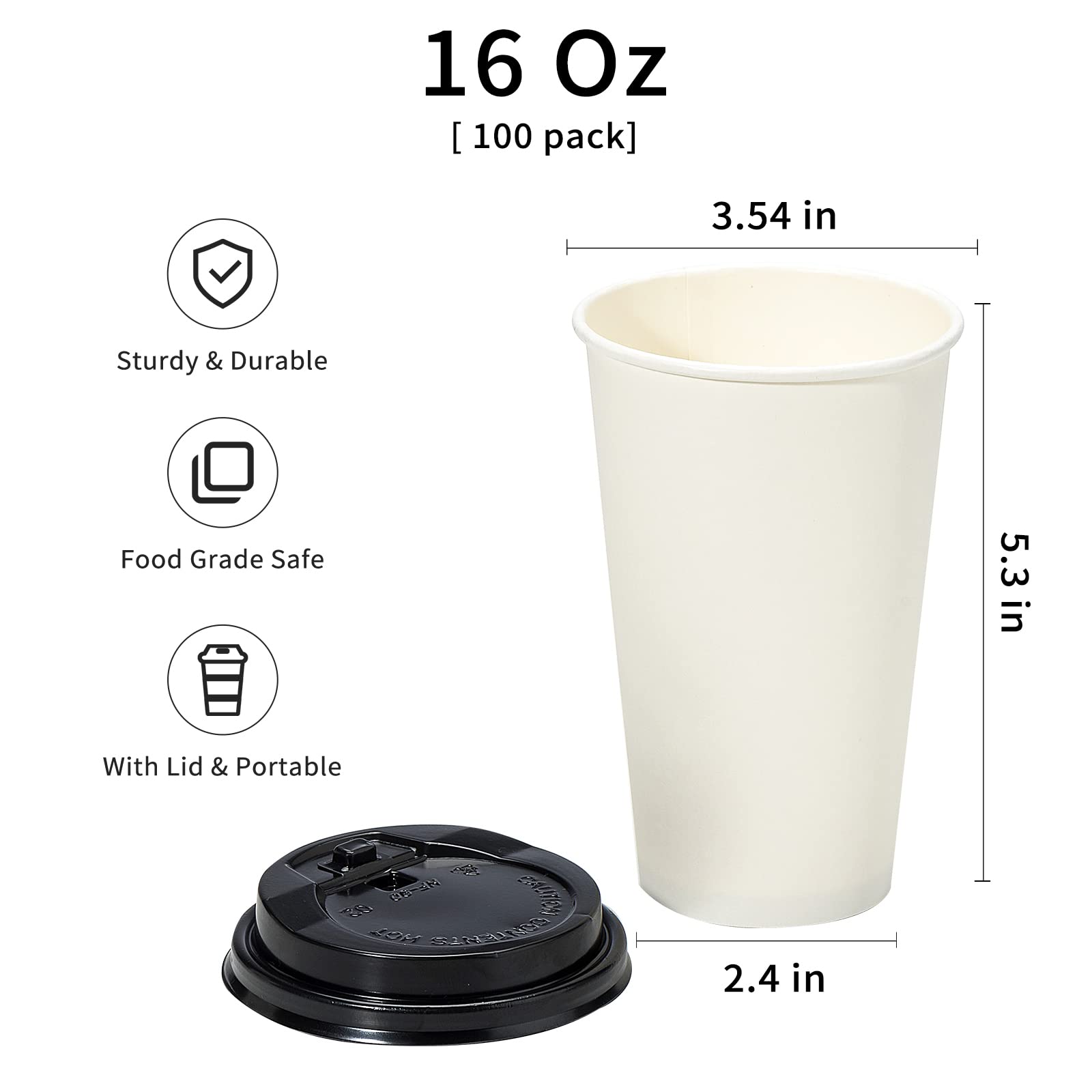 RACETOP [16 oz 100 set with lids] Paper Coffee Cups with Lids, Disposable Coffee Cups with Lids, Hot Drink Paper Cups 16 oz, Ideal for Beverage| Tea (White)