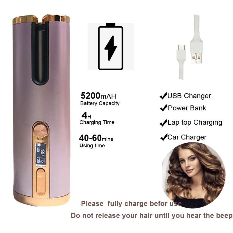 USB Automatic Hair Curler Cordless Automatic Curling Tongs with Rechargeable Battery Heat Isolating Chamber LCD Display 6Kinds of Temperature Control & Timer Settings (Gradient Pink)
