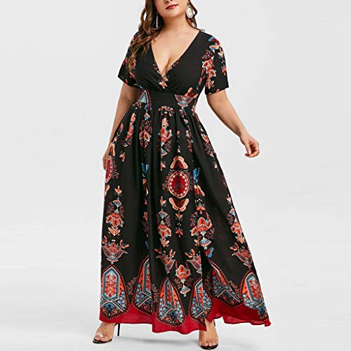 Pinkpaopao Plus Size Short Sleeve Dress for Women Butterfly Pattern Long Dress Deep V Neck Pleated Split Maxi Dress