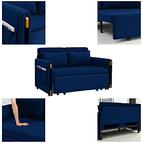 Xozor 54" Modern Convertible Sofa Bed - Adjustable Pull Out Couch Bed Sleeper Sofa,Velvet Loveseat with 2 Pillows and Side Pockets for Living Room, Office Or Bedroom, (Blue)