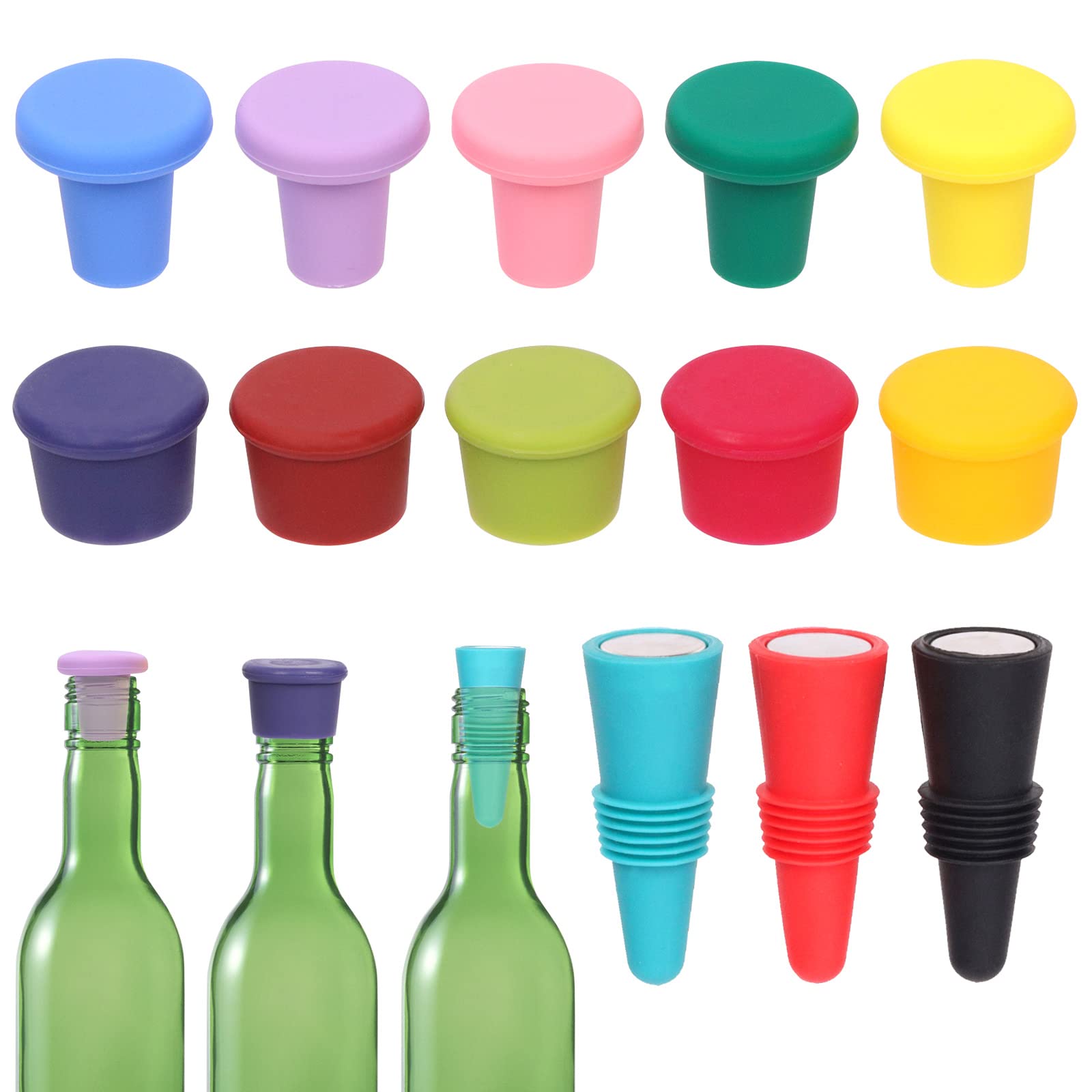Swpeet 13Pcs 3 Styles Silicone Wine Stoppers Assortment Kit, Airtight seal on Wine Bottles Reusable Beer Bottle Stopper Beer Glass Bottle Sealer Stoppers Beer Champagne Wine Storage Keep Fresh Tools