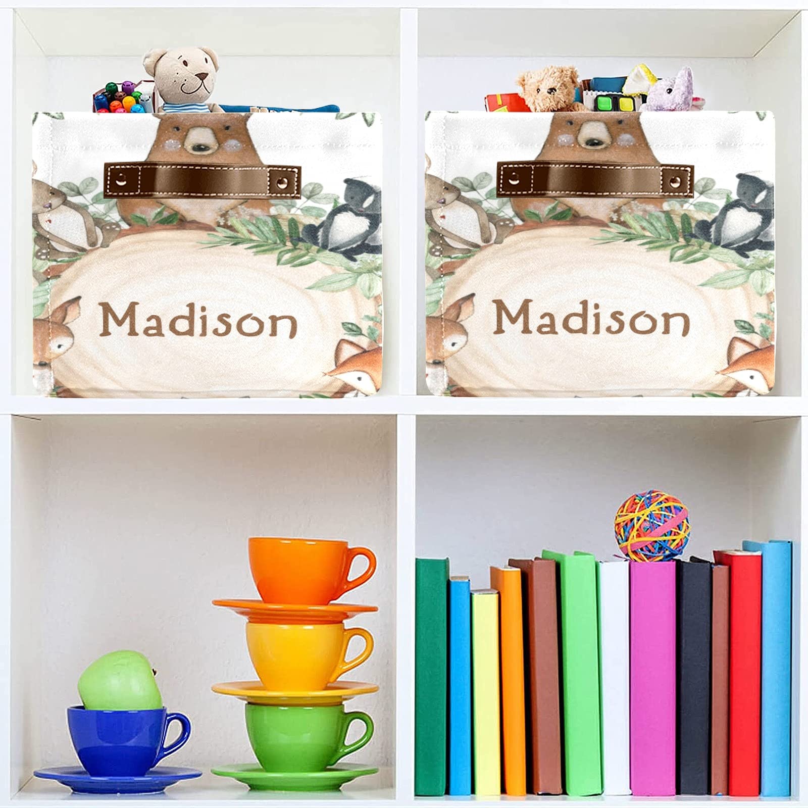 Woodland Animals Personalized Storage Basket,Custom Storage Bins Cubes Organizer with Handle for Bedroom Wardrobe,Nursery,Basket 1 Pack
