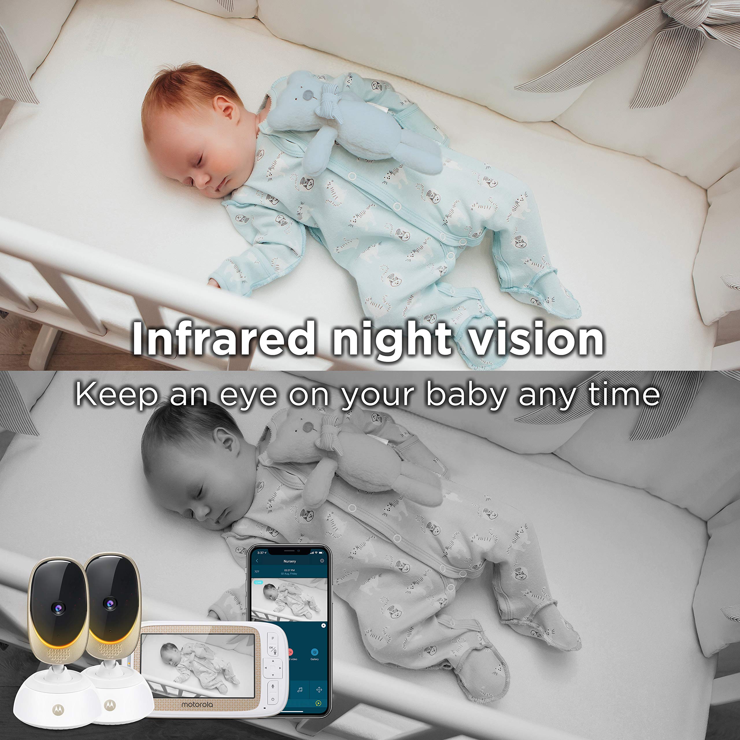 Motorola Connect85-2 Video Baby Monitor β 5β Parent Unit and WiFi HD Viewing β Two Cameras with Mood Light, Remote Pan Scan, Digital Tilt/Zoom, 2-Way Talk, Night Vision, Temp Sensor