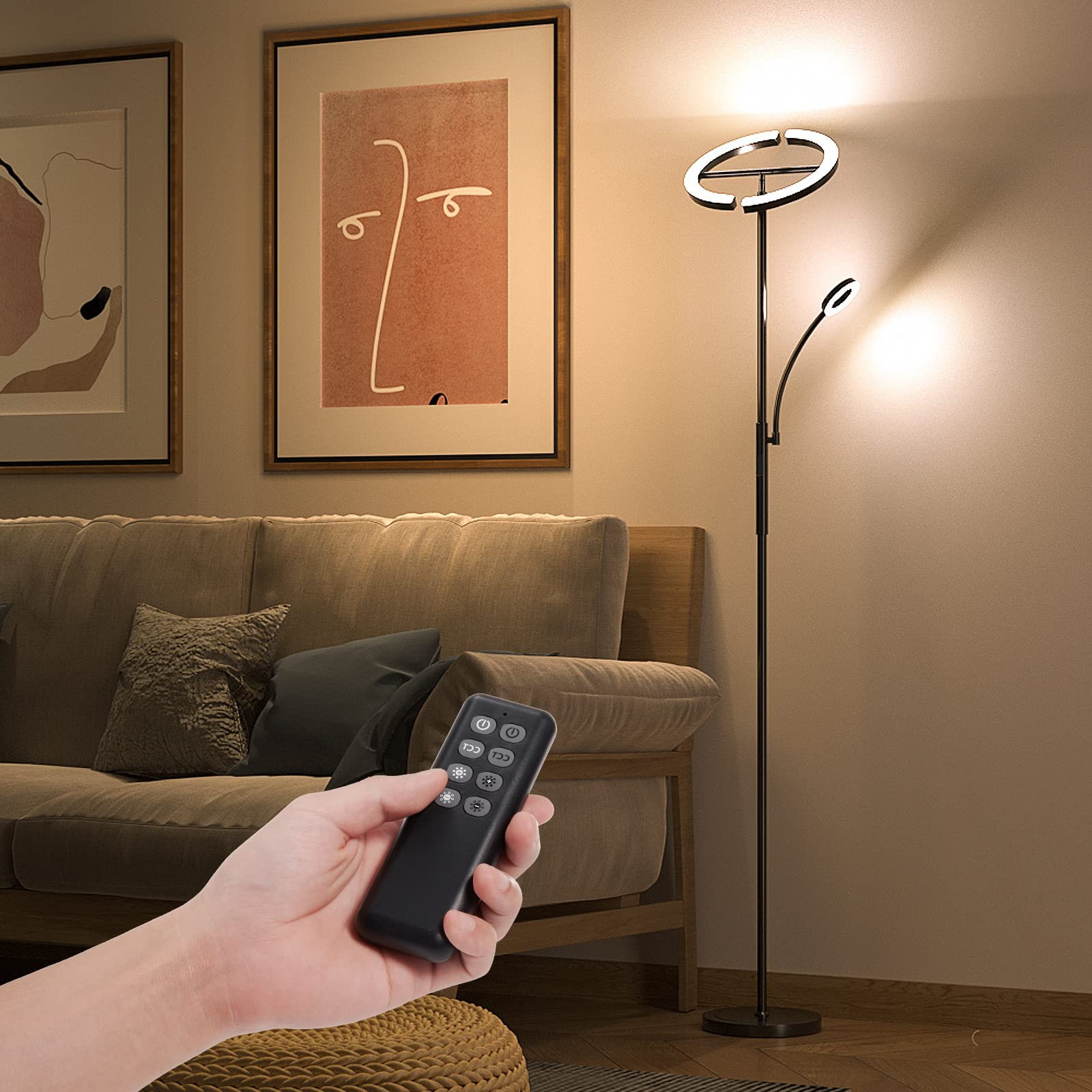 LED Floor Lamp with Reading Light, A ANTEN Modern Standing Lamp for Living Room, 20W Main Light & 7W Reading Lamp, Remote & Touch Control Dimmable Floor Light, Tall Black Pole Lamp for Bedroom, Office