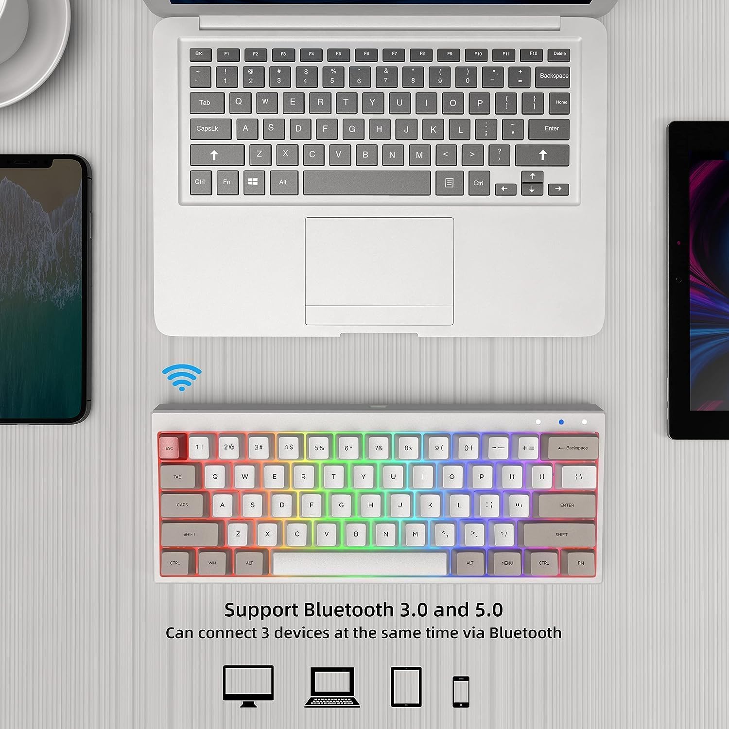 Ractous RTK61BP 60% Wireless Mechanical Gaming Keyboard,RGB Blacklit PBT Sublimation Keycaps 61keys Bluetooth5.1 Gaming Keyboard for PC/Mac Gamers,Hot-Swap Gateron Optical Yellow Switch-White