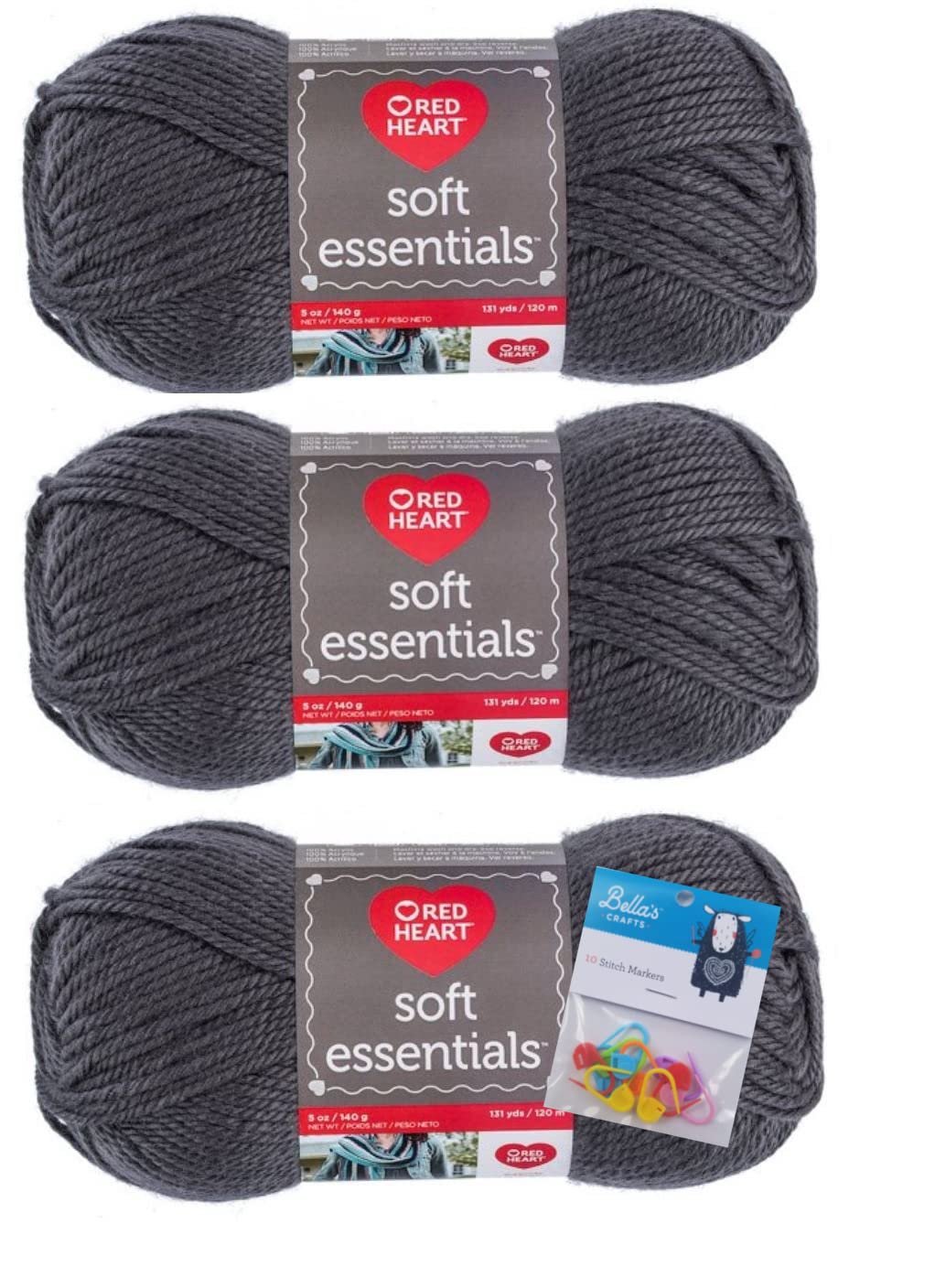 Red Heart Yarn Soft Essentials Yarn - Charcoal - Bulky Weight 5 - 3 Pack Bundle with Bella's Crafts Stitch Markers