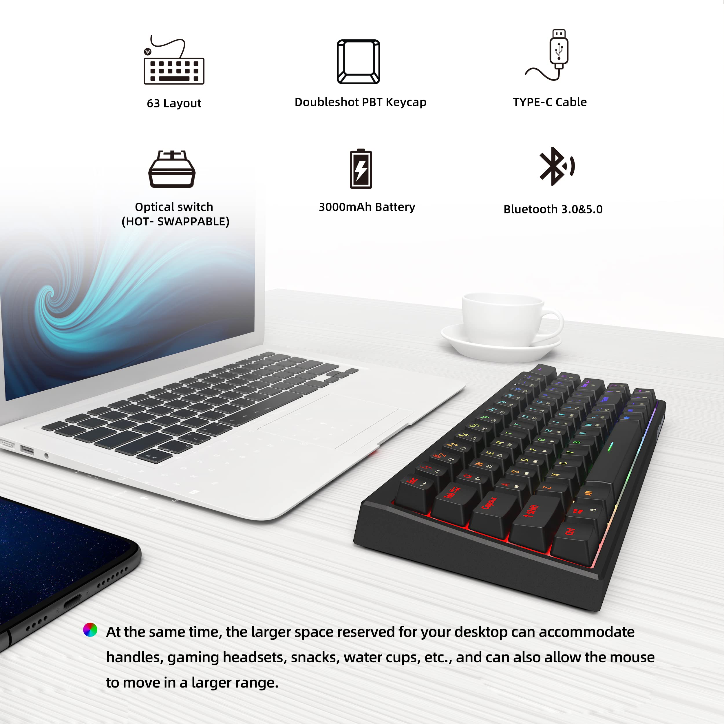 Ractous RTK63B 60% Wireless Mechanical Gaming Keyboard,RGB Blacklit PBT keycaps Type-C 63keys Bluetooth5.1/Wireless/Wried Gaming Keyboard for PC/Mac Gamers,Hot-Swap Optical Black Switch-Black