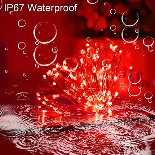 YAOZHOU Red Solar Christmas String Lights Outdoor Waterproof Decorations 100 LED(2 Pack) 8 Modes Copper String Lights Fairy Lights for Valentine's Day, Garden, Patio, Fence, Balcony