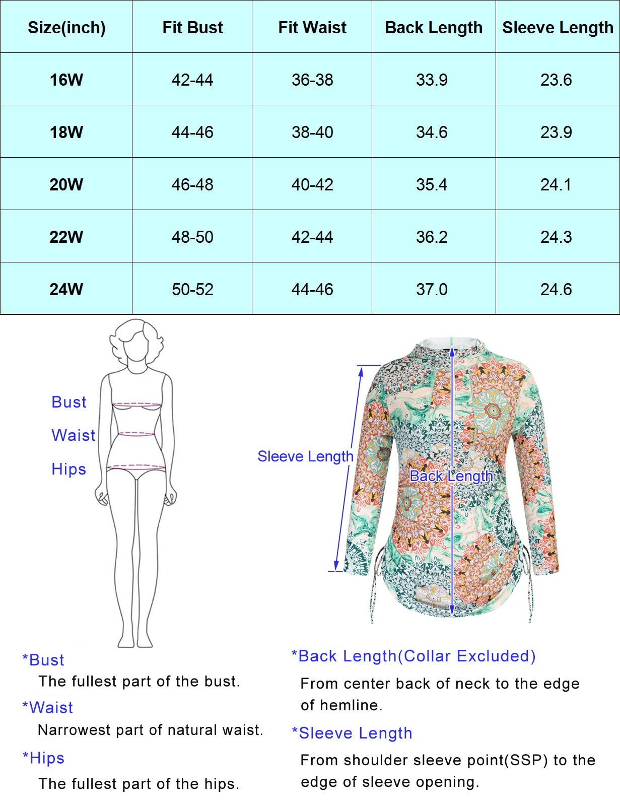 Rash Guard Women Long Sleeve Plus Size UV Sun Protection Swimsuit Top Green Pattern 22W 4X