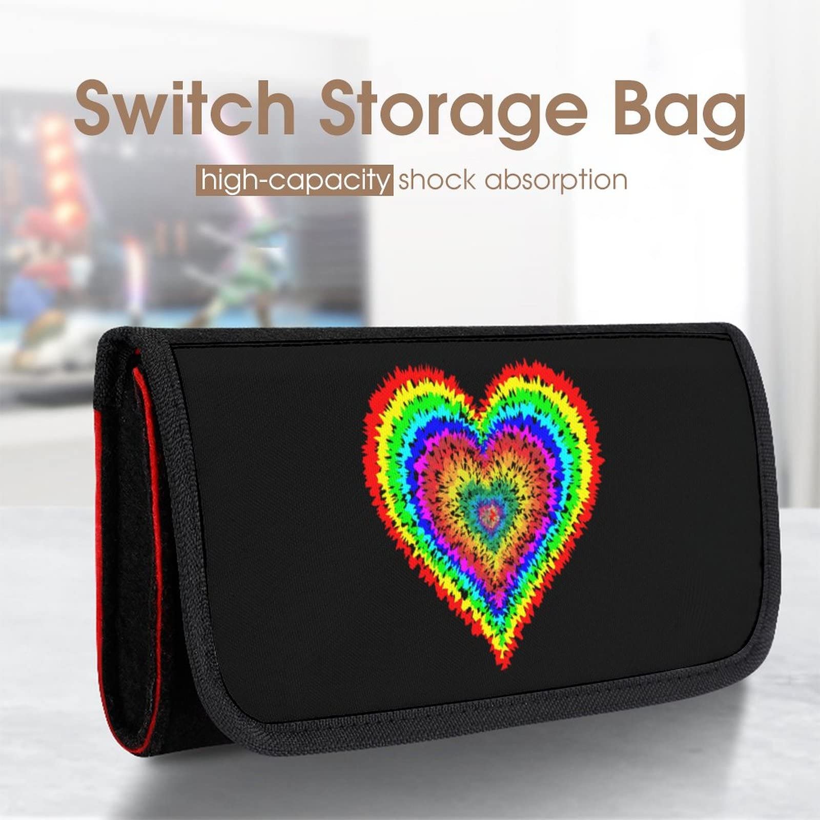 Tie-Dye Heart Carrying Bag Compatible with Switch Protective Case Slim Felt Pouch with 5 Game Cartridges Holders