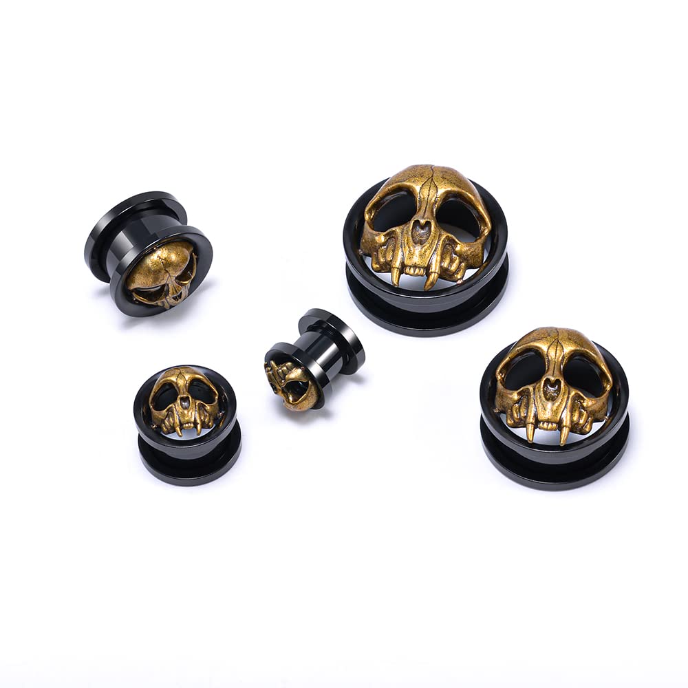 POBAISITER 2PCS Stainless Steel Ear Gauges Tunnels Expander Vintage Black Gold Skull 0g-1 inch Body Piercing Jewelry