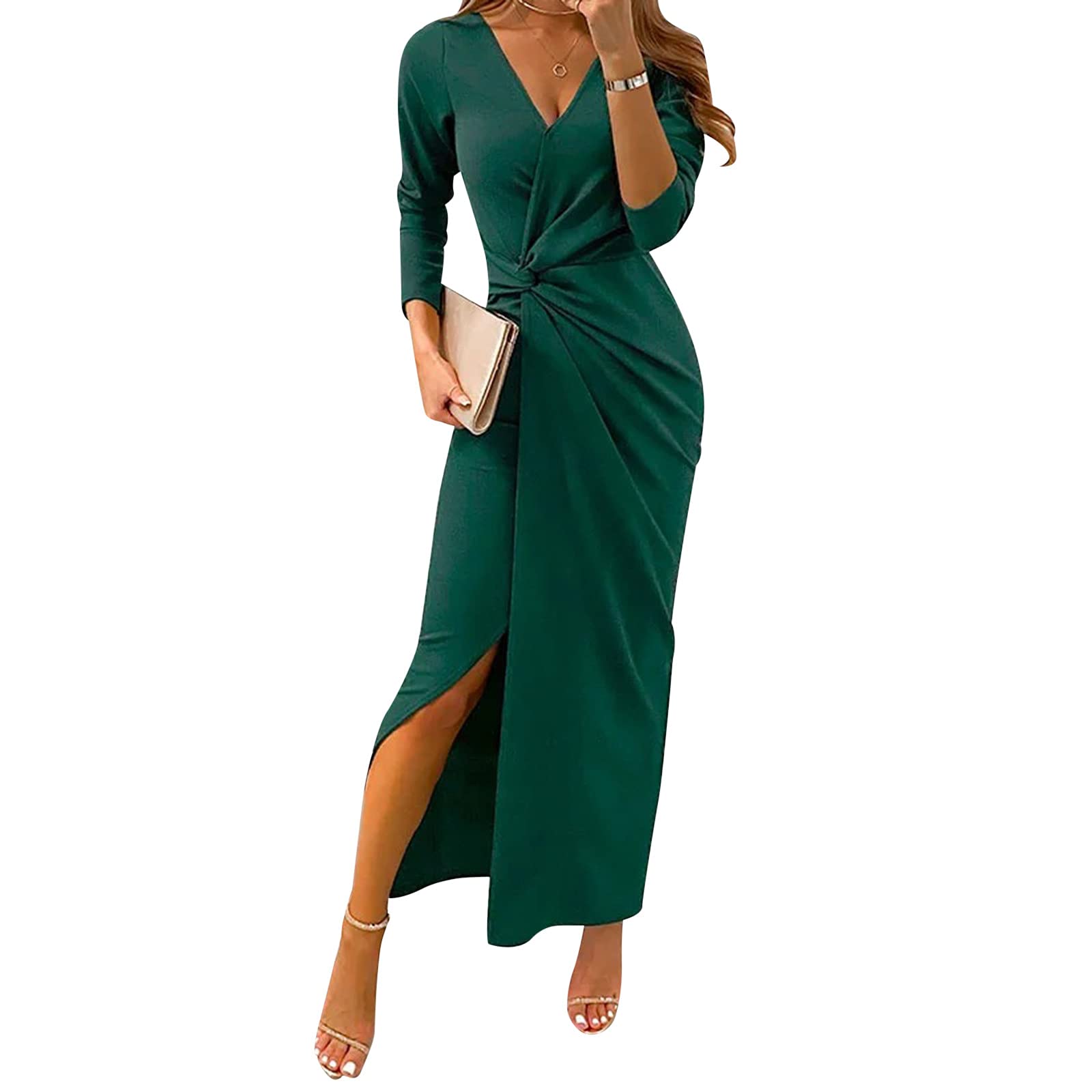 Side Split Long Sleeve Dress for Women Deep V Neck Front Twist Knot Waisted Shift Dres Solid Color Prom Dress