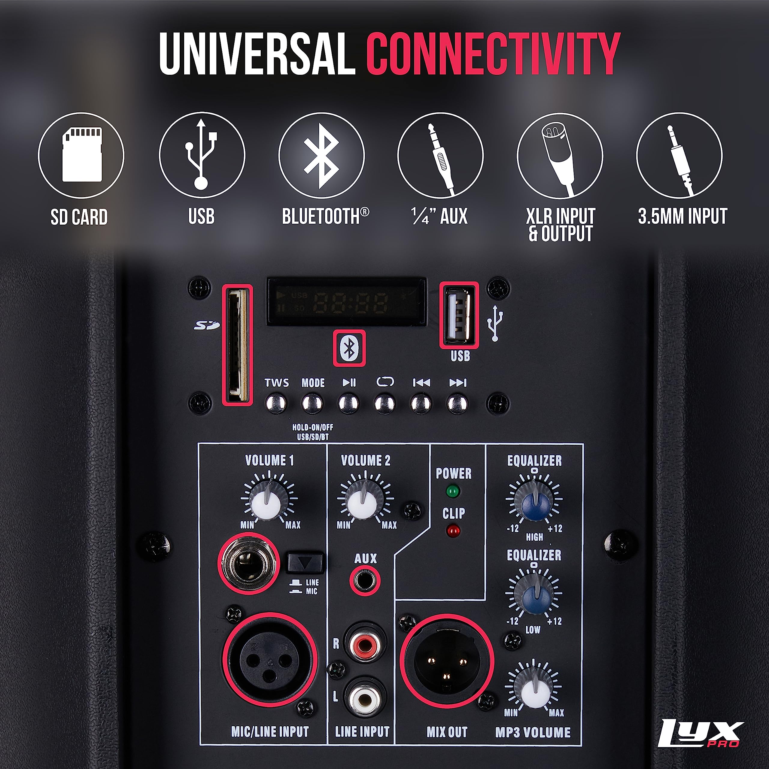 LyxPro SPA-8 Compact 8" Portable PA System 100-Watt RMS Power Active Speaker System Equalizer Bluetooth SD Slot USB MP3 XLR 1/4" 1/8" 3.5mm Inputs