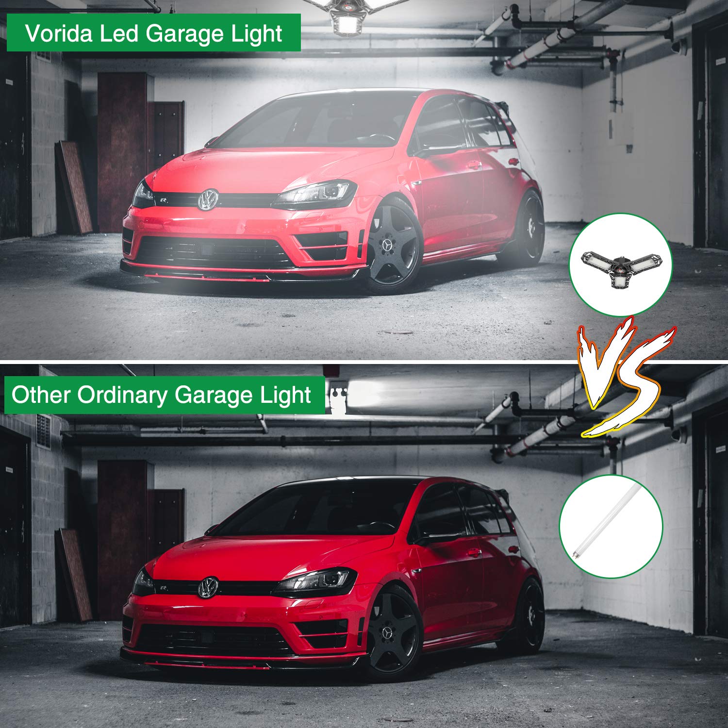 LED Garage Lights, 80W Deformable Garage Ceiling Light 8000LM E26 Basement Lights with 3 Adjustable LED Panels 270° – Fits for Garage, Warehouse, Barn, Workshop and Yard (NO Motion Activated)