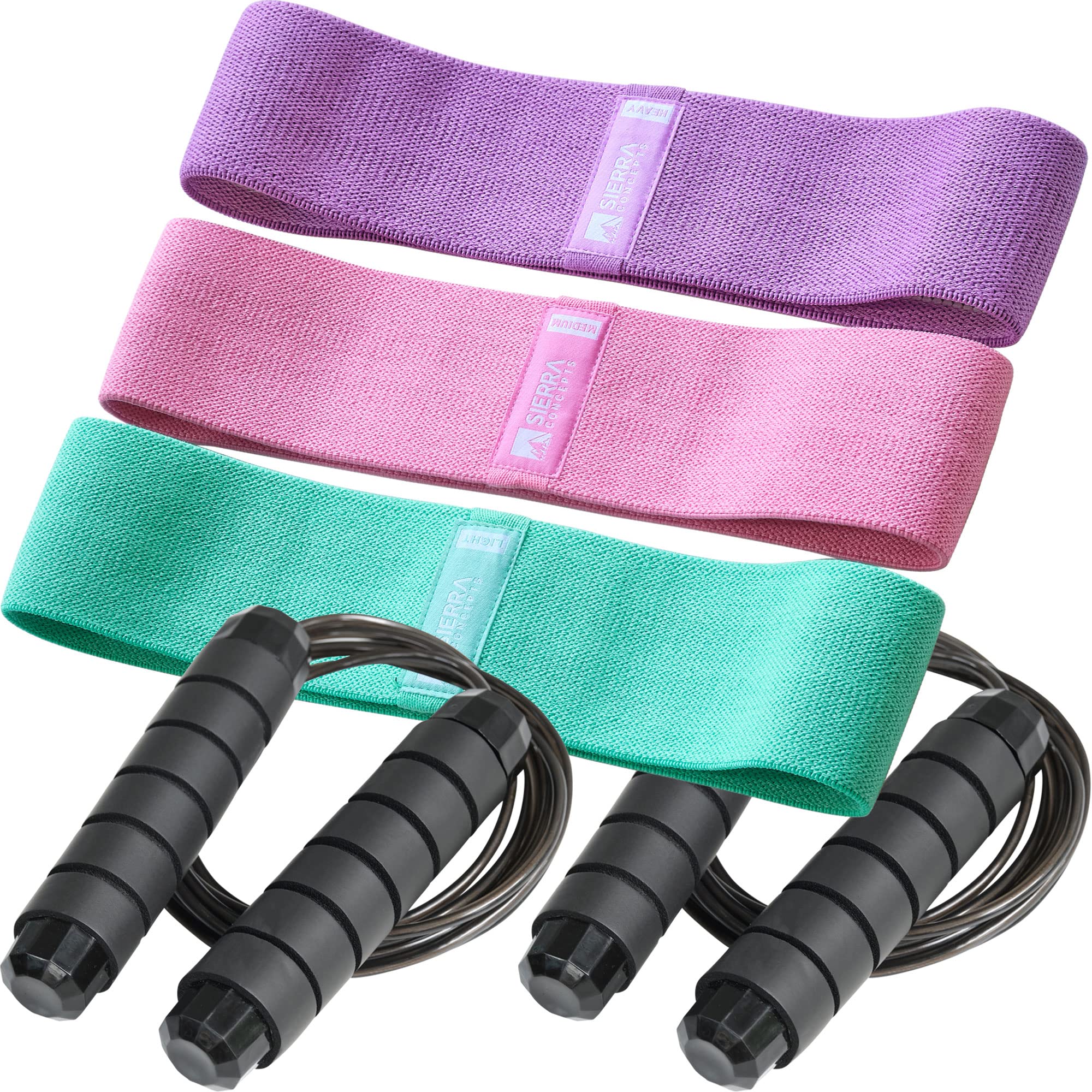 Sierra Concepts 2 Pack Jump Rope Set and Resistance Fabric Cloth Booty Bands for Exercise Working Out of Thigh Legs Hip Glute Butt