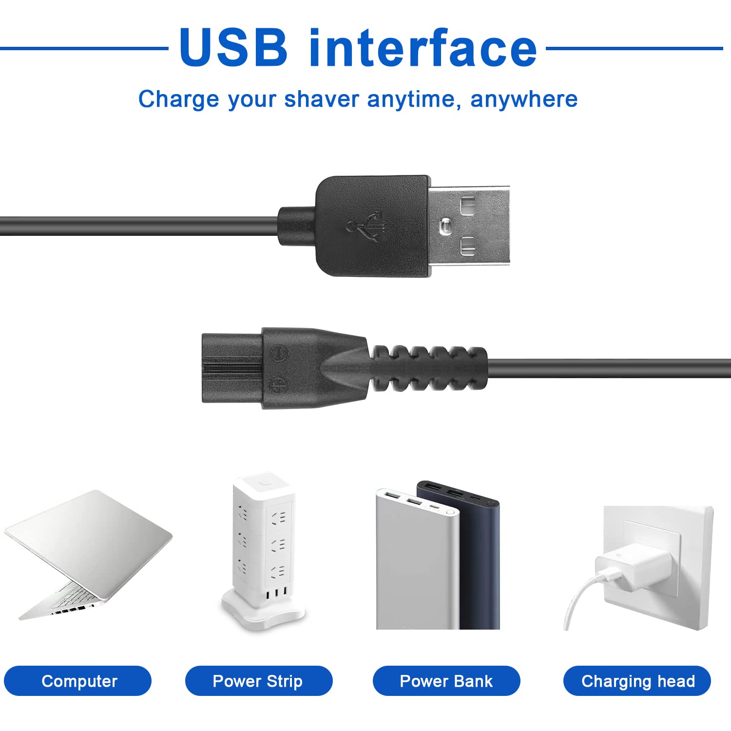 USB Hair Clippers Power Cord for Replacement limural hair Clippers Charger Cord And Compatible Meridian Shaver Charging Cable.