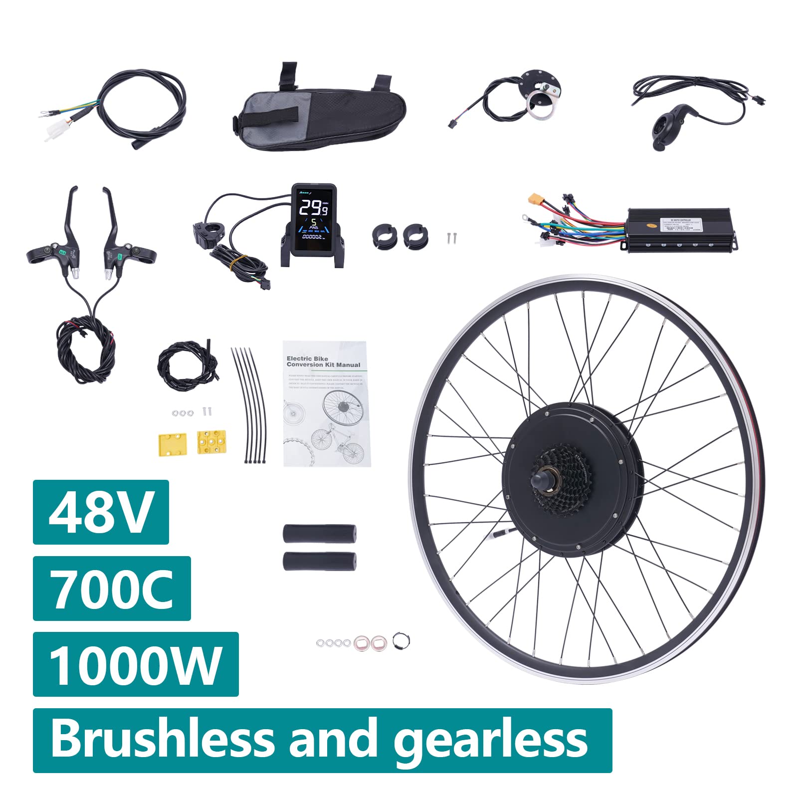 MANULOOT 700C Ebike Conversion Kit E-Bike Rear Wheel Conversion Kit, 48V 1000W Rear Wheel Electric Bike Conversion Kit with LED Display, Brushless Gearless Hub Motor Kit| US Stock