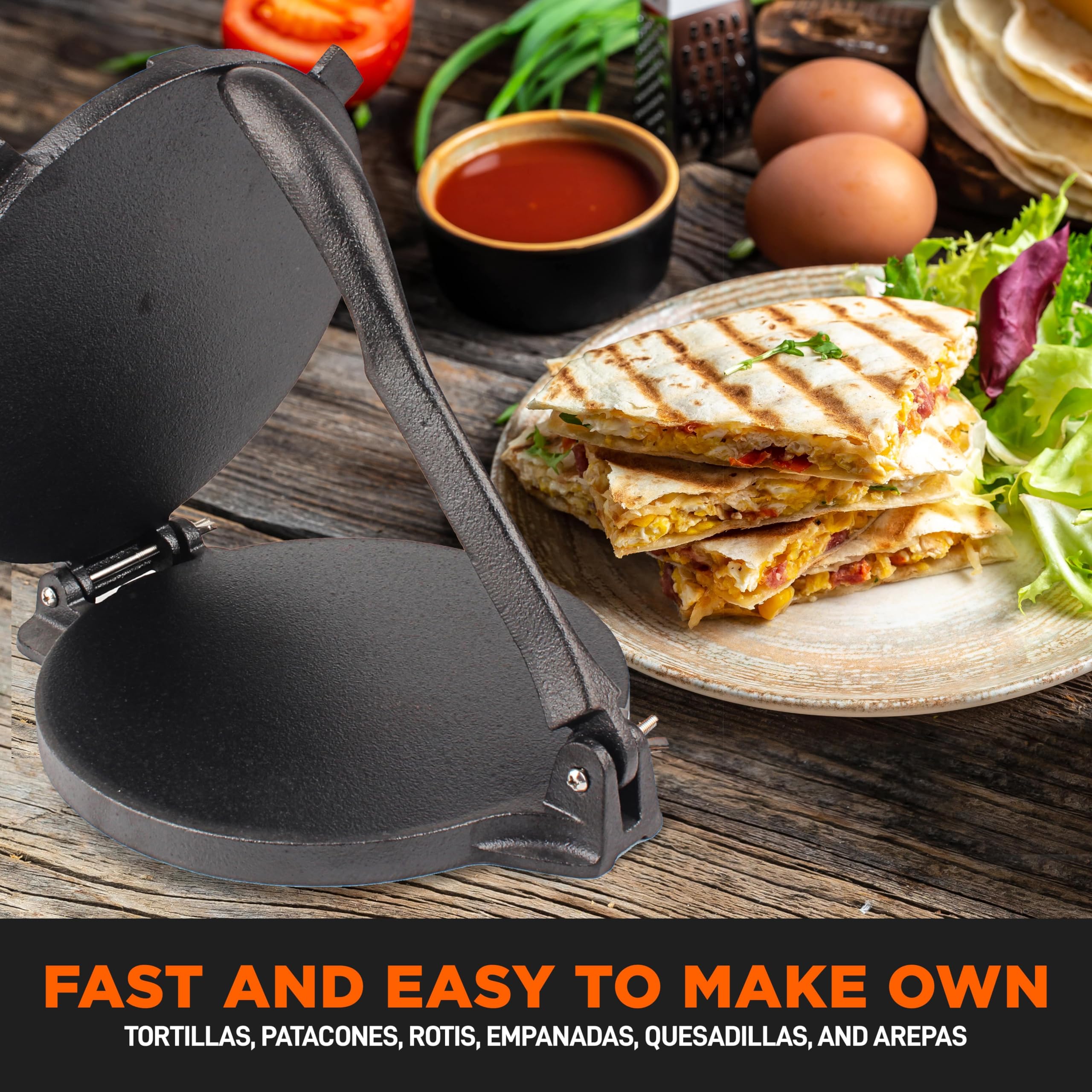 NutriChef 8'' Cast Iron Tortilla Press - Durable, Heavy-Duty Construction, Ideal for Tortillas, Patacones, Tostones, Plantain Press
