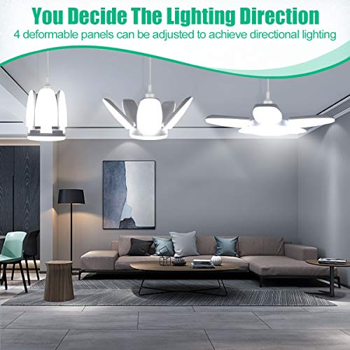 LED Garage Lights 5 Leaf 80W Deformable Garage Light 8000Lm Illuminator 360 Garage Light Bulb, 6500K Day Light Garage Ceiling Light CRI 80+ Work Light with Light Socket Extender for Garage