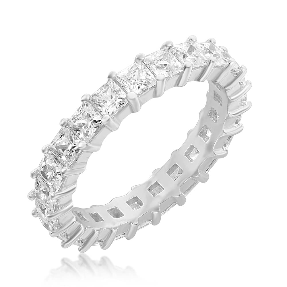 NYC Sterling Women's .925 Sterling Silver & Gold Cubic Zirconia Eternity Ring - Stackable, Engagement, Wedding, Anniversary Princess Band - 2.5mm 3mm 4mm - Modern Design - Sizes 5-9
