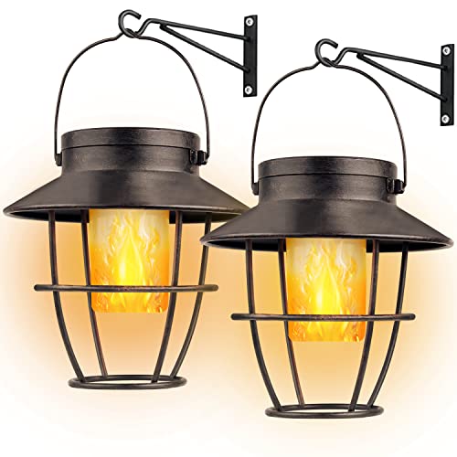 Solar Lantern Outdoor Vintage Metal, KINGLEAD Hanging Solar Lights Flickering Flame Lantern for Halloween Decorative Garden Patio Yard Porch Outdoor Waterproof Wall lights with Wall Mount Kit (2 Pack)