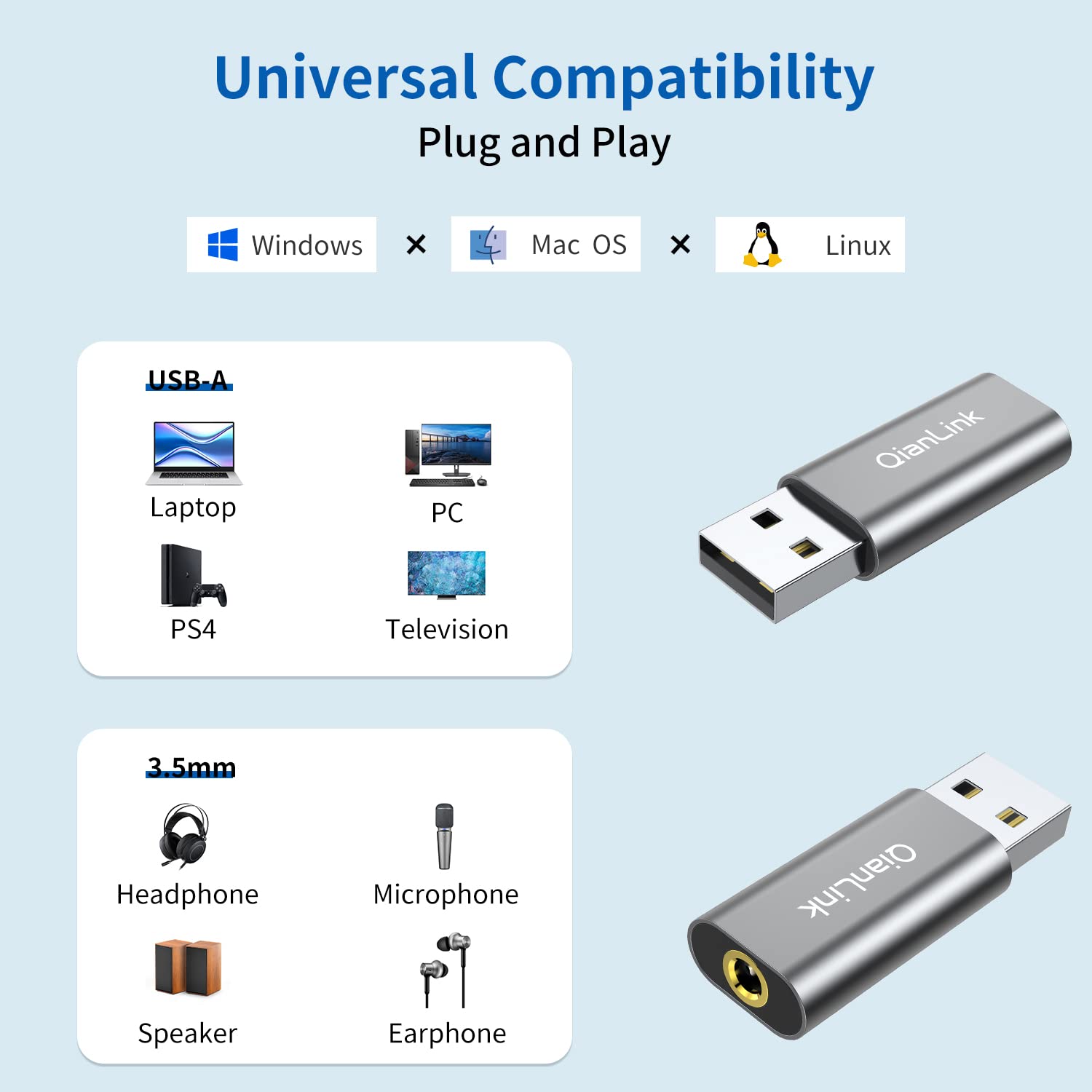 USB to 3.5mm Audio Jack External Sound Card Adapter 2 in 1 USB-A to 3.5mm TRRS 4-Pole Mic-Supported USB to Headphone AUX Adapter Compatible with PC PS4 PS5 Windows Mac Linux Laptop Desktops and More