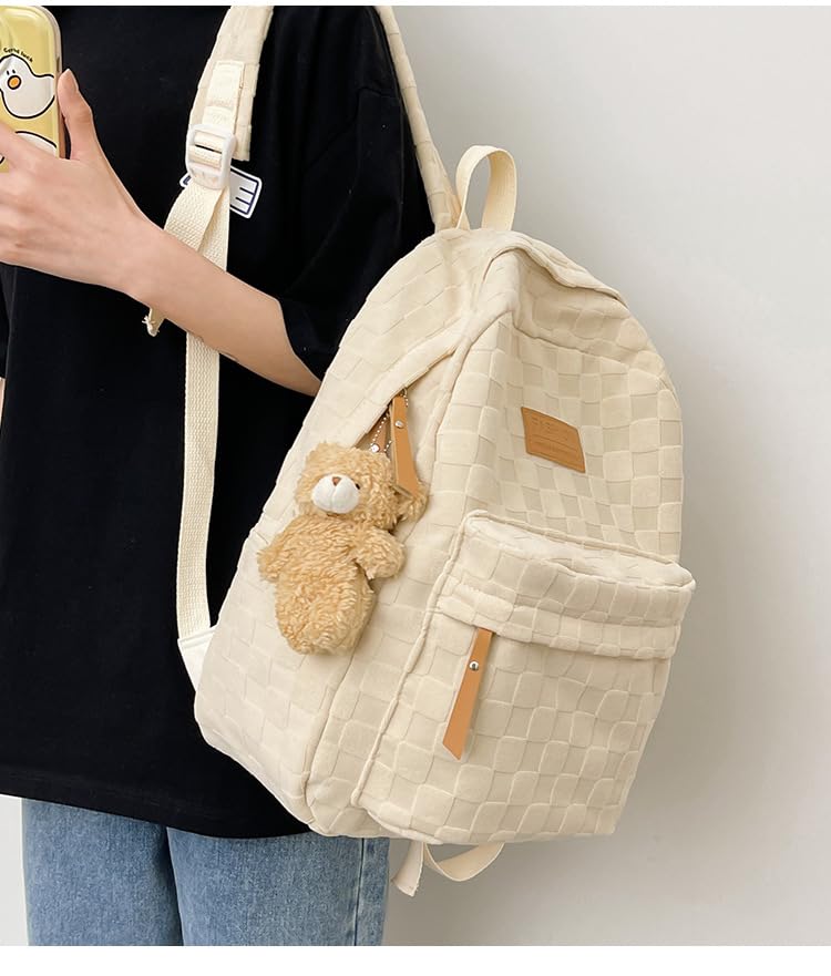 MININAI Aesthetic Checkered Backpack Light Academia Plaid Backpack Cute Preppy Backpack Fit 15.6 Inch Laptop Light Rucksack (Beige,One Size)