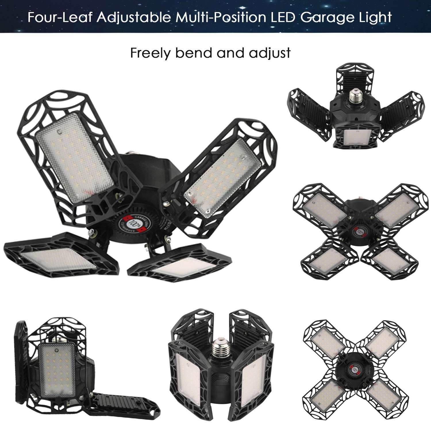 LED Garage Lights 120W - 12000LM 6000K Garage Ceiling Lights LED Four-Leaf Deformable LED Garage Lighting Fixture, LED Shop Light with Adjustable Multi-Position Panels, for Garage, Workshop
